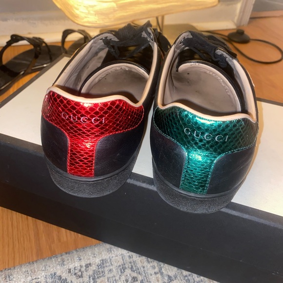 Gucci | Shoes | Gucci Ace Flame Black Leather Sneakers Mens Size 1 ...